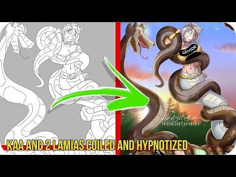Kaa and 2 Lamias Coiled and Hypnotized - Steps Digital Painting Tutorial