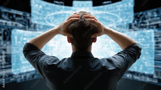 Digital Overload: A person looks at complex digital screens and touches his head and expressing the strain and perplexity that the modern digital world can bring.