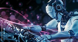 DJ robot play on the best music, dj mixer in nightclub, robot track controls on dj deck, with connect technology blue network dots and lines, flow purple lines and bokeh flow