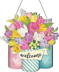 Spiareal Flower Welcome Sign Spring Front Door Decor Wood Hanging Door Outdoor Sign Spring Summer Welcome Pink Flower Wreaths Decorations for Farmhouse Floral Porch (Bright Style)