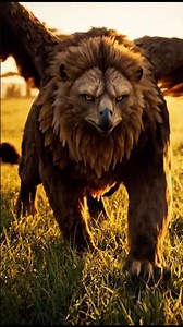 Mythical creature, Gryphon, walking through golden savanna grass at sunset, fantasy scene