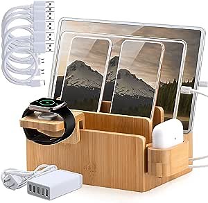 BEEBO BEABO Bamboo Charging Station Compatible with Phone, Tablet, Watch, Earbuds, Desktop Docking Station for Multiple Devices(Include Watch and Earbuds Stand, 6 Cables, USB Charger)