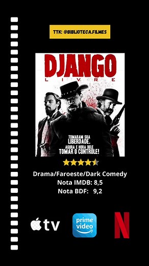 Filme: Django Livre (2012) Gênero: Drama/Faroeste/Dark Comedy Duração: 02h45min Onde assistir: Netflix, Prime Video e Apple TV Nota IMDB: 8,5 Nota BDF: 9,2 Sinopse: A história segue Django, um escravo libertado que, com a ajuda de um caçador de recompensas alemão, busca resgatar sua esposa, Broomhilda, das garras de um brutal proprietário de fazenda. No caminho, Django se envolve em confrontos violentos e estratégias para libertar sua amada, desafiando o sistema escravagista e a injustiça do sul