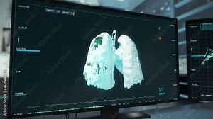 Computer tomography performed in an advanced medical facility. Receiving a detailed X-ray 3D image of the patient’s lungs. Recording data on organ damage. Lesions caused by Covid-19 Pneumonia. UI.