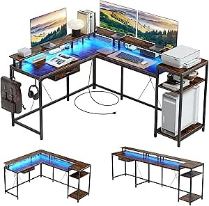 Jojoka L Shaped Gaming Desk,68" Computer Desk with Power Outlets & LED Lights, Home Office Table with File Drawer, Corner Table with Monitor Shelf and Hook (Rustic Brown)