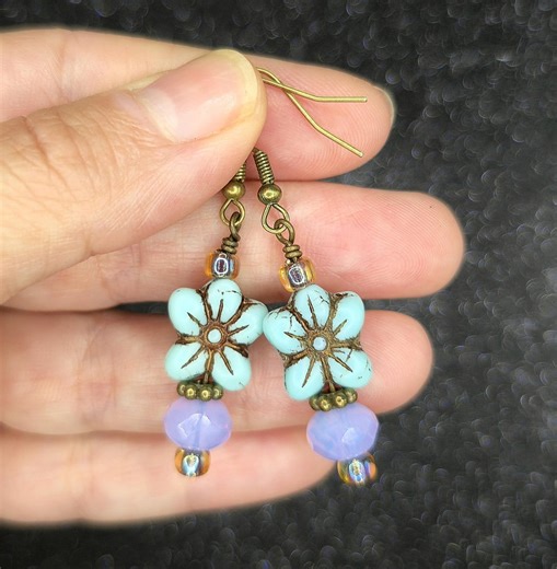 Teal and Purple Floral Dangle Earrings: Czech Crystal Bronze Jewelry - Etsy