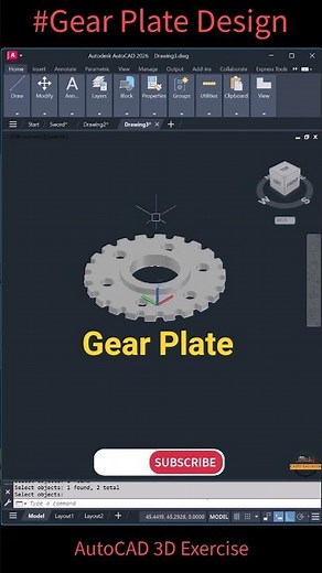 AutoCAD 3D Gear Plate with Extrude & Union! #shorts