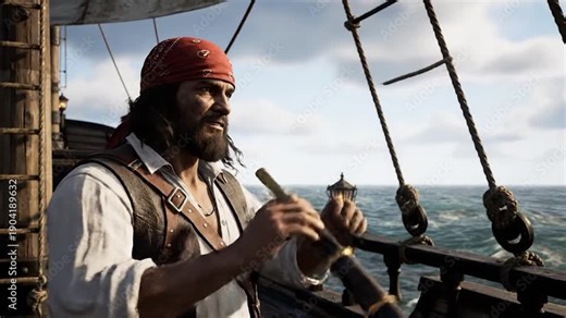 Pirate Captain Scanning Horizon with Spyglass on Sailing Ship Deck.
