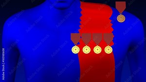 Concept: vainglory man. 3d man's chest is expanding for medals. 3D rendering.