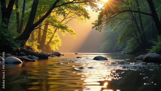 river winding lush forest sunset sun setting background river surrounded trees plants rocks cr