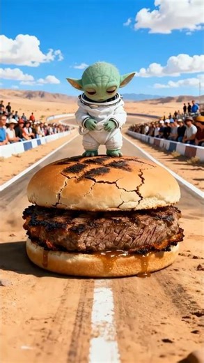 Baby Alien and Cat Compete in a GIANT Burger Racing Contest