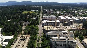 Drone footage of residential and commercial high-rise construction in Redmond, Washington near the Microsoft corporate headquarters