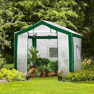 EAGLE PEAK 8 x 8ft Portable Walk-in Greenhouse with Roll-up Zipper Entry Door and 3 Large Roll-Up Screen Windows, Green/White