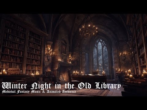 Winter Night in the Old Library | Medieval Fantasy Music & Animated Ambience