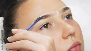 A professional does dyeing eyebrows with dyes, tinting, cosmetic procedures in a beauty salon. Paint is applied to the hairs with a thin brush.