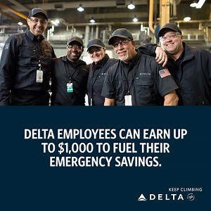 At Delta, we invest in our employees’ financial wellbeing so they can have more peace of mind. With our new emergency savings incentive program, employees can earn up to $1,000 upon completing financial coaching and contributing to their rainy day fund. | Delta Air Lines
