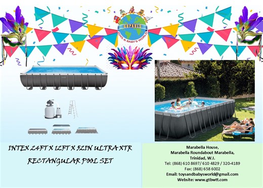 Gopauls Toys & Baby’s World on Instagram: "Maximize your pool experience with our largest Ultra XTR™ Frame pool. Classic rectangular shape, elegant graphite liner with water-blue tile print interior and brilliant white copings will make a fashion statement anywhere. Have an amazing time with family and friends with the spacious pool. This top-of-the-line above ground pool combines high-quality with style offering ease of ownership so that your pool time is truly fun time. Includes all of the com
