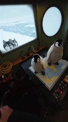Penguins chilling in a ship and huskies want to come in🐧🐺 #animals #shorts #trending