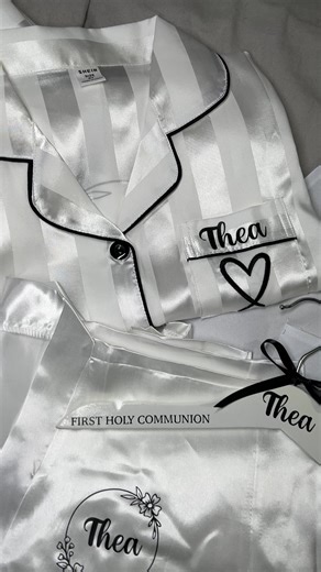 🕊️T H E A 🕊️ Thea’s ready for her big day. Her mummy provided the pyjamas, robe and apron to be personalised and we added a personalised hanger. 🥰 #holycommunion #smallirishbusinness