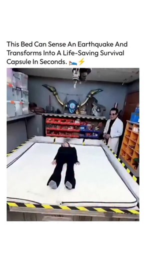 The Technology on Instagram: "A bed that can save lives before anyone is even awake is one of the most brilliant safety inventions ever created 🚨🛡️ This emergency-response bed is designed to sense danger and transform instantly into a protective shelter. When the system detects seismic activity or structural collapse, the frame snaps shut around the sleeper and seals them inside a reinforced chamber built to withstand falling debris. Inside is a compact survival setup. Some versions include fi