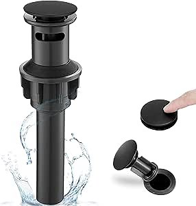 Black Pop Up Drain with Overflow, Double-Sealed Bathroom Sink Drains, No Rust Pop Up Bathroom Sink Drain with Removable Anti-Clogging Stopper for Modern Vanity Basin Easy to Install