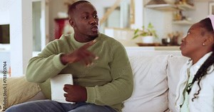 Tablet, sister and fight with a discipline father on the sofa scold his daughter about sibling sharing. Family, technology and girl children arguing over a wireless device in their home with dad