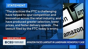 The Federal Trade Commission, along with 17 state attorneys general, filed a lawsuit against Amazon, calling the online shopping giant a "monopoly of power.” | CBS Evening News