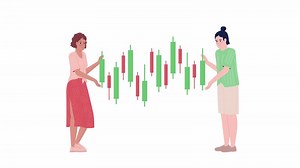 Animated market trends loader. Price movements. Newbie investors. 4K video footage with alpha channel transparency. Color cartoon style loading animation with characters for download, upload process