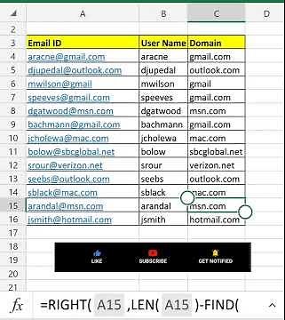 How To Split E-mail address into User ID and Domain Name| MS Excel from Find & Len , Left or Right