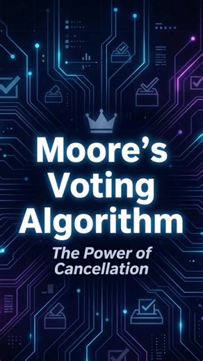 Gyani Kumari on Instagram: "Can you solve this without a HashMap? 🤔 Problem: Find the element that appears more than N/2 times. Challenge: Space Complexity must be O(1). Meet: Moore’s Voting Algorithm. The concept is simple: Cancellation. If you have a Majority, your count will survive even if every non-majority element tries to cancel you out. Candidate == Current 👉 Increase Count Candidate != Current 👉 Decrease Count If Count drops to 0, we pick a new candidate. The one left standing at the