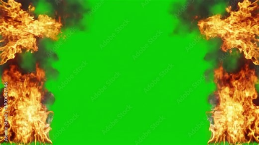 Edge-Framing Fire Effects with huge fires light smoke at screen borders isolated on green for chromakey use 4k uhd 60 fps 3d animation distortion, overlay, glitch, static noise, scan lines black