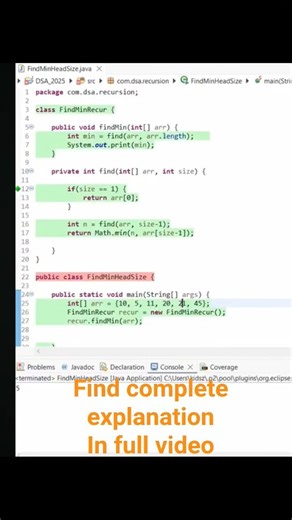 Recursion | Find min in an array #shorts #collection #programming #java #interview #techtalkwithpal