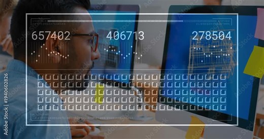 Seated engineer leaning toward screen, checking CAD while HUD appearing, cycling readouts
