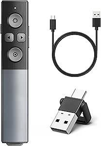 2-in-1 USB Type C Presentation Clicker Wireless Presenter Remote Clicker, Rechargeable Clicker for Powerpoint Presentations, Google Slide Advancer Slideshow Presnetation Clicker (Aluminium Alloy)