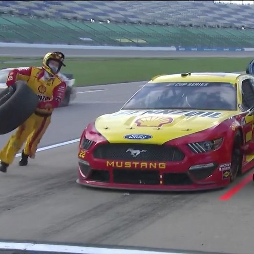 NASCAR | @joeylogano’s tire tried its best to escape, but to no avail. 😳 The former race leader will now serve a pass through. #NASCSAR #Kansas | Instagram