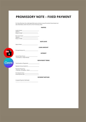 Fixed Payment Promissory Note Template | Loan Agreement | Editable Canva Document - Etsy