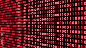 Vertically moving rows of dense red binary code, consisting of 1s and 0s, represent the fundamental data structure of digital communication and computer systems. Stock Video