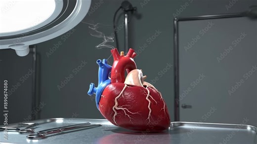 Heart surgery simulation shows realistic heart model in detail during an operation in a medical setting