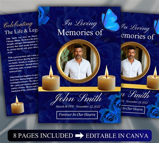 8 Page Blue Funeral Program Template | Editable Canva Memorial Program, Bi-fold Celebration of Life, Obituary Digital Download - Etsy