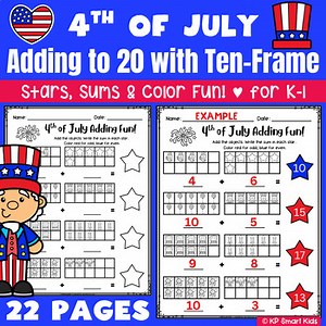 4th of July Ten-Frame Addition to 20 | No Prep Color by Even & Odd Numbers