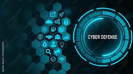 Cyber Defense Futuristic HUD Dashboard with Hexagon Security Icons and Advanced Digital Protection System Concept