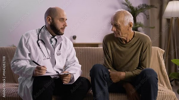Healthcare, geriatric medicine. Male doctor visiting elderly man and writing notes about health complaints, male gp writes personal information, filling form about elderly patient