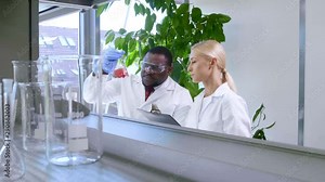 Scientist and students working in lab. Doctor teaching interns to make analyzing research. Laboratory tools: microscope, test tubes, equipment. Biotechnology, chemistry, bacteriology, virology.