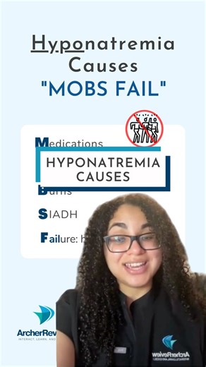 Normal sodium levels should be between 135-145 mEq/L, anything lower = ⚠️hyponatremia!⚠️ Use this nursing memory trick to remember the possible causes of hyponatremia: "MOBS Fail"! 📣 Need more help with fluid and electrolyte concepts for the Next Gen NCLEX®? We've got on-demand lectures that cover all the key points you need to know, broken down by topic so you can easily focus on exactly what you need! Visit archerreview.link/sure-pass to sign up! 🤩 #nclexstudying #nclexready #nclexrn #nursin