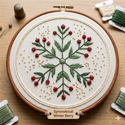 Winter Snowflake Embroidery Pattern, Berry Snowflake Hand Embroidery Design, Symmetrical Winter Berry Design PDF Download - Etsy