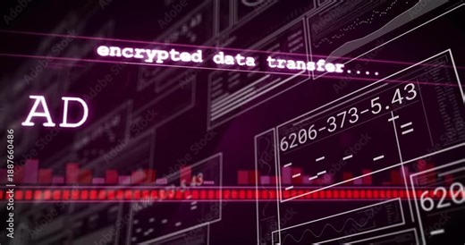 Glitching text initiating encrypted data transfer typing ADMINISTRATOR animating panels pulsing bar