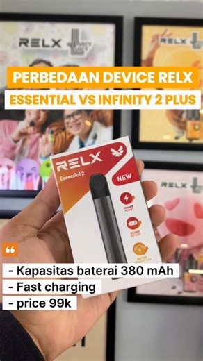 RELX SANUR on Instagram: "Ini dia joo, perbedaan device Relx Essential vs Infinity 2 plus😍 DeviceEssential 2 kapasitas batrerai 380Mah Fast charging price 99k Device infinity 2 Kapasitas baterai 440Mah Ultra fast charging 3 model level power Price 330k Dua duanya sama sama nyaman, tinggal pilih sesuai gaya kamu✨😍 Buat para tim sebat! Sudah waktunya untuk berhenti! 👉🏻👉🏻 Join The Movement Now!! Visit us relxbali.com for more info. #relxbali #podsbali"