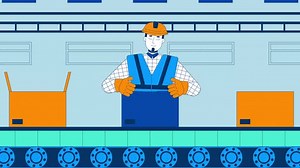 Animated Worker Packing Boxes on Factory Conveyor Belt