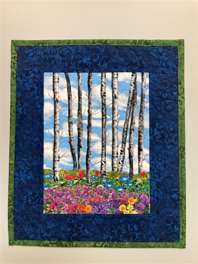 Blue Skies Aspen Trees and Flowers, Fabric Art Quilt Wall Hanging, Landscape Tapestry, Floral 13x15" Original Artwork Handmade Woodland - Etsy