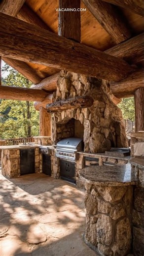 Rustic Outdoor Stone Kitchen under Timber Pavilion